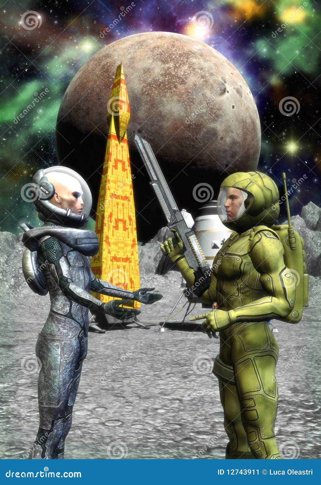 Astronauts human and alien stock illustration. Illustration of danger ...