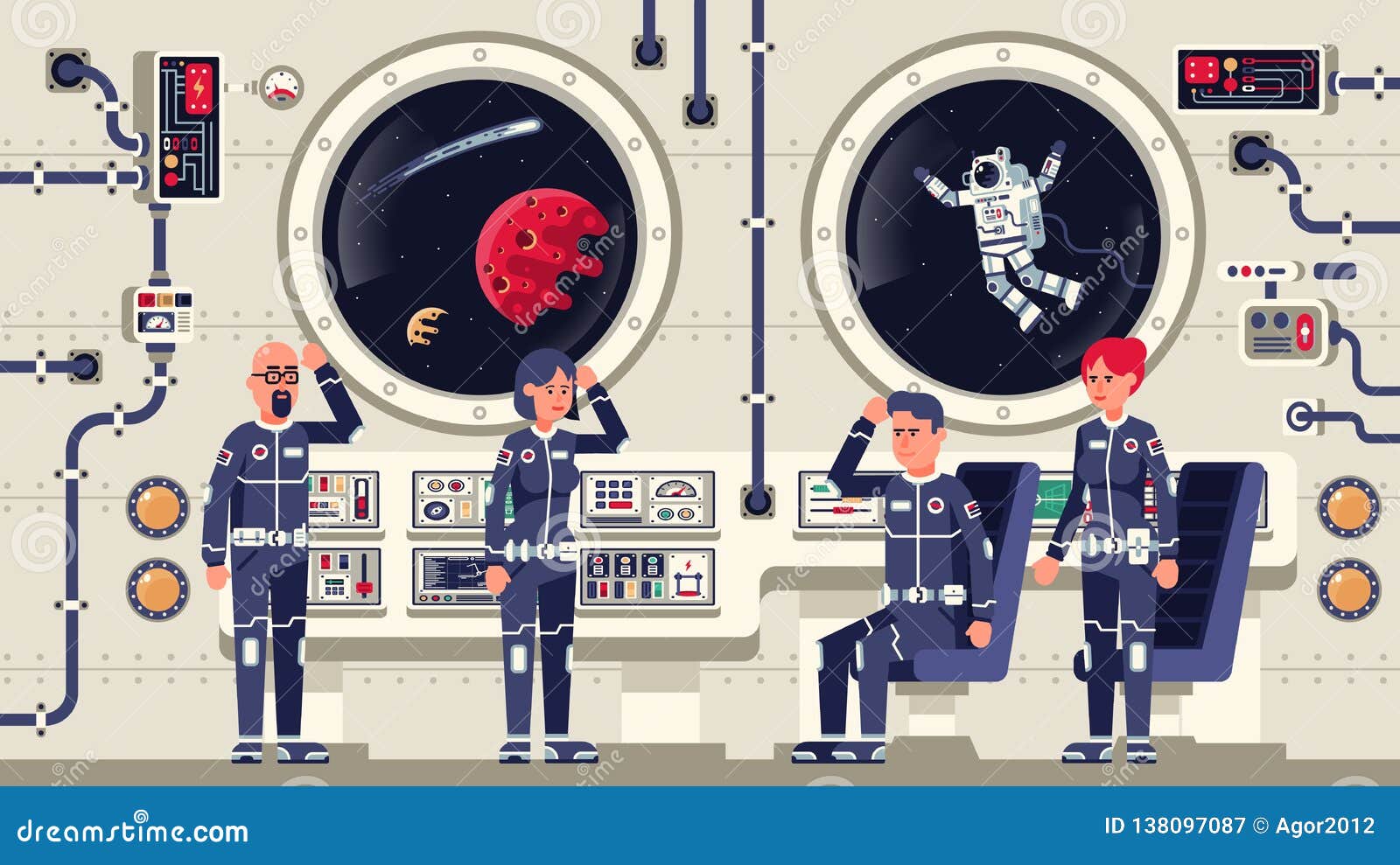 Astronauts Aboard Of Spacecraft. Interstellar Spaceship Crew On The ...