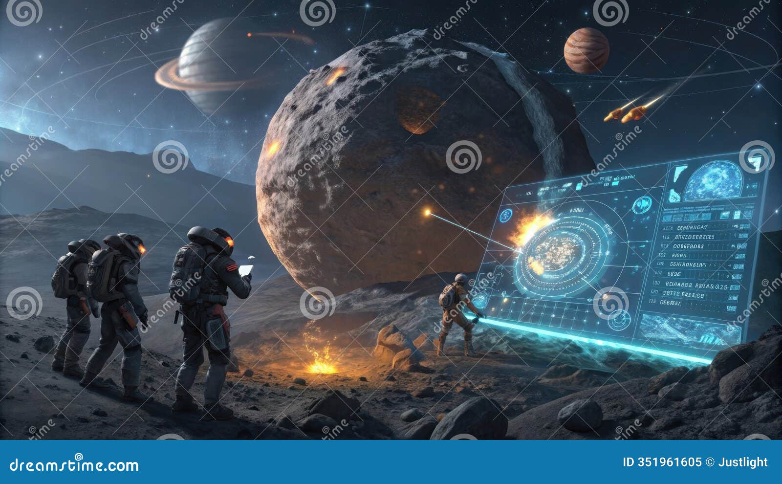 Astronauts Mining Asteroid with Futuristic Technology in Space Stock Image - Image of adventure ...
