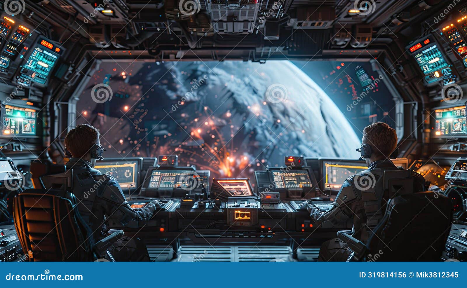 Astronauts Navigate through Space in a High-tech Cockpit. Stock ...