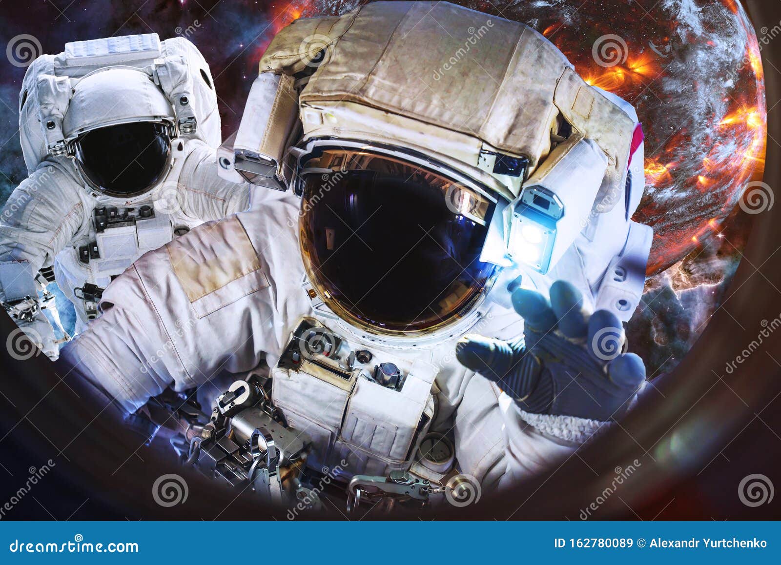 Astronauts Near Eaxploding Planet with Earth in Space Stock Image ...
