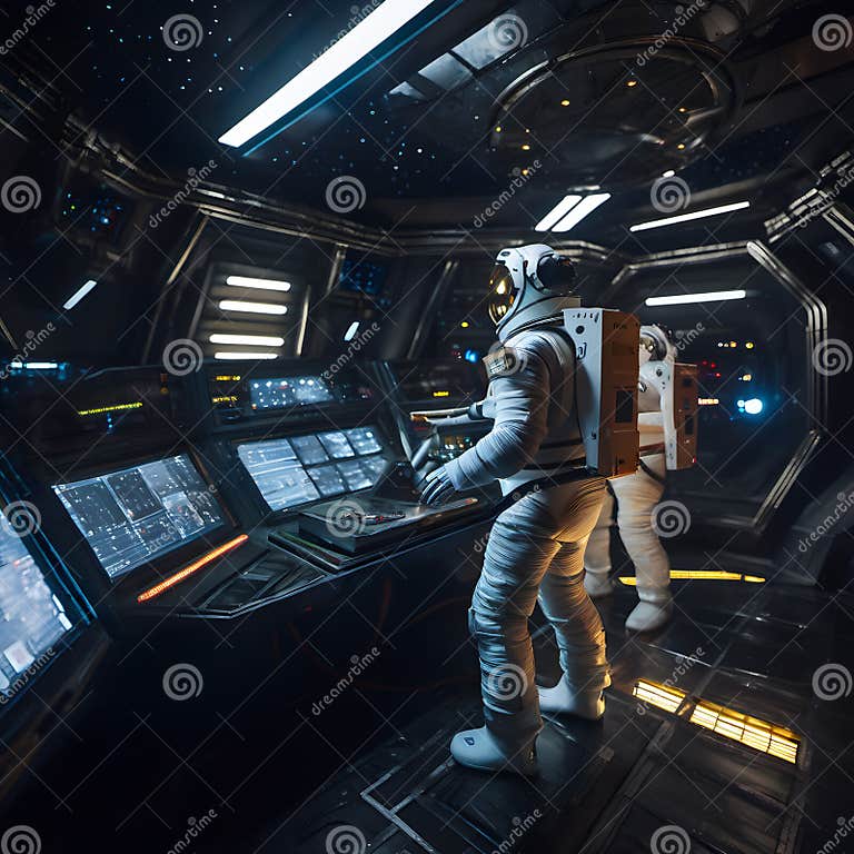 Astronauts Operating High-Tech Control Panel in Futuristic Spaceship ...