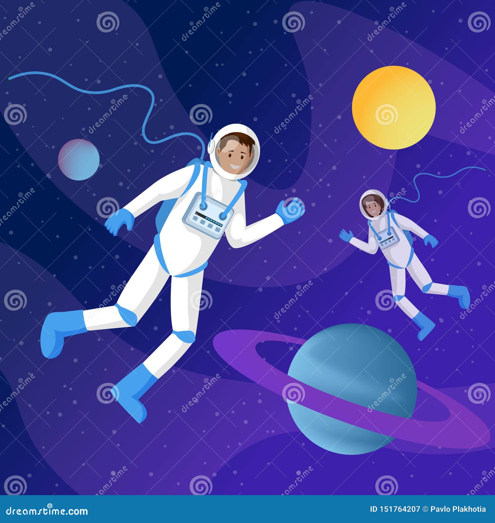 Astronauts in Outer Space Flat Illustration. Two Cosmonauts in ...