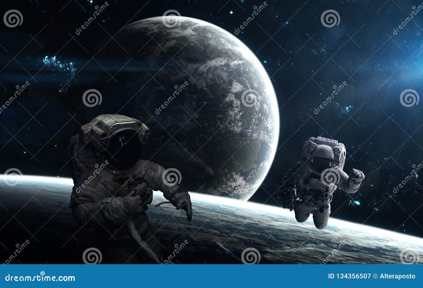Astronauts, Planets, Deep Space Landscape in Light of a Blue Star ...