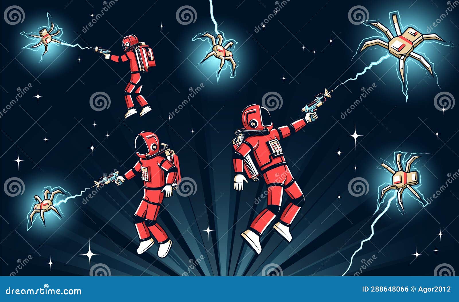 Astronauts in Red Spacesuits with Blasters Fight Alien Stock Vector ...