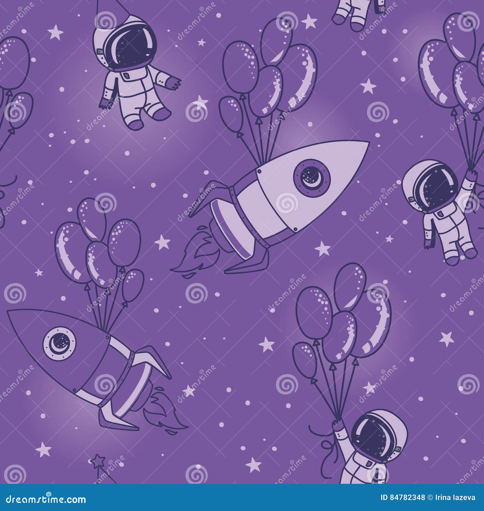 Astronauts, Rocket With Balloons On Seamless Starry Background Cartoon ...