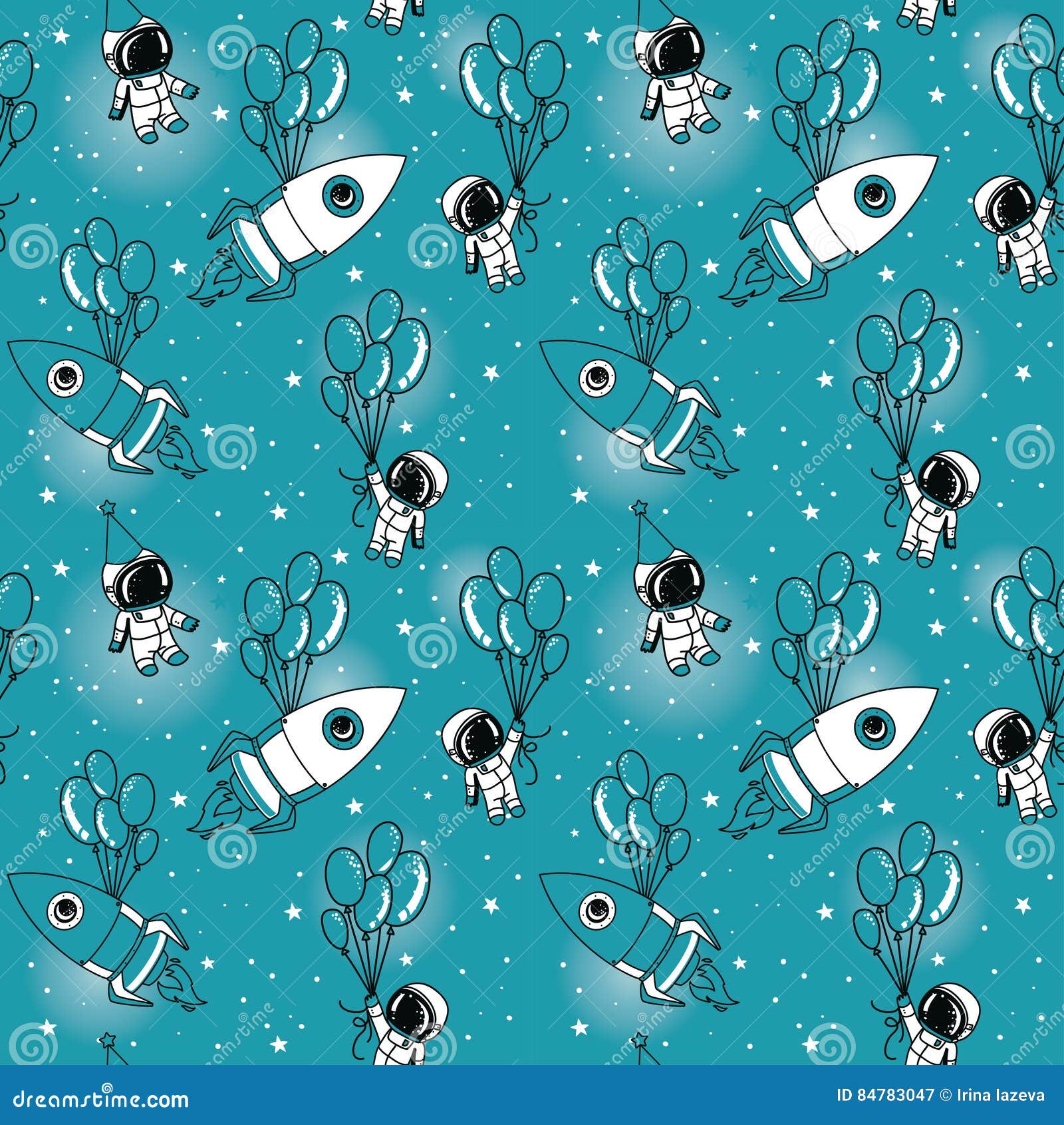 Astronauts, Rocket With Balloons On Seamless Starry Background Cartoon ...