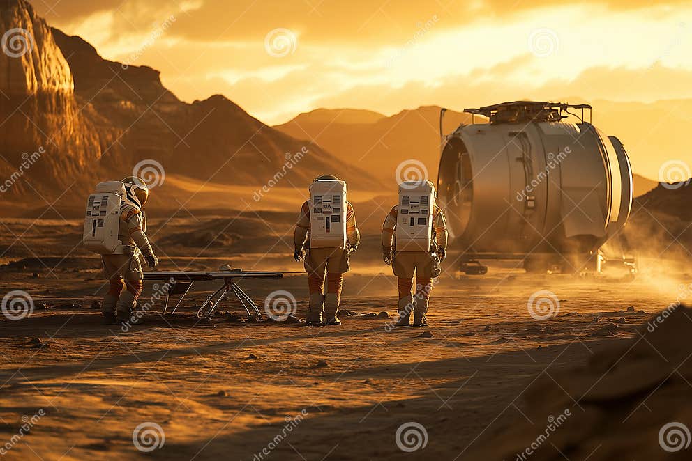 Astronauts Setting Up a Solar Power System on Mars. a Team of ...