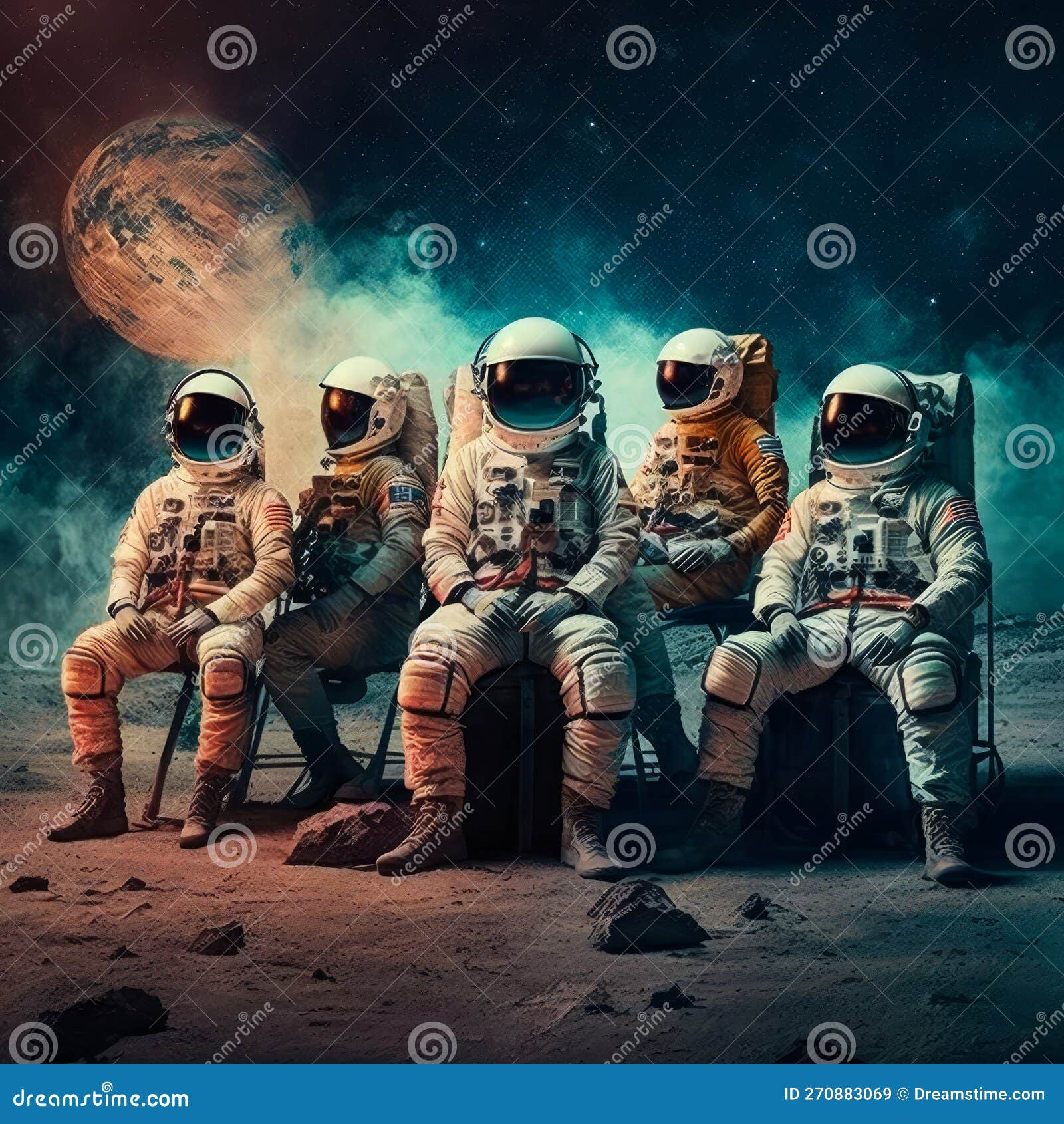 Astronauts Sitting on Chairs in Front of the Moon. Generative AI Stock ...