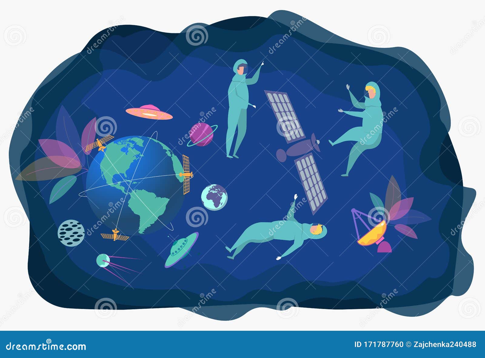 Astronauts in Space in Orbit of the Earth. Satellite Launch into Orbit ...