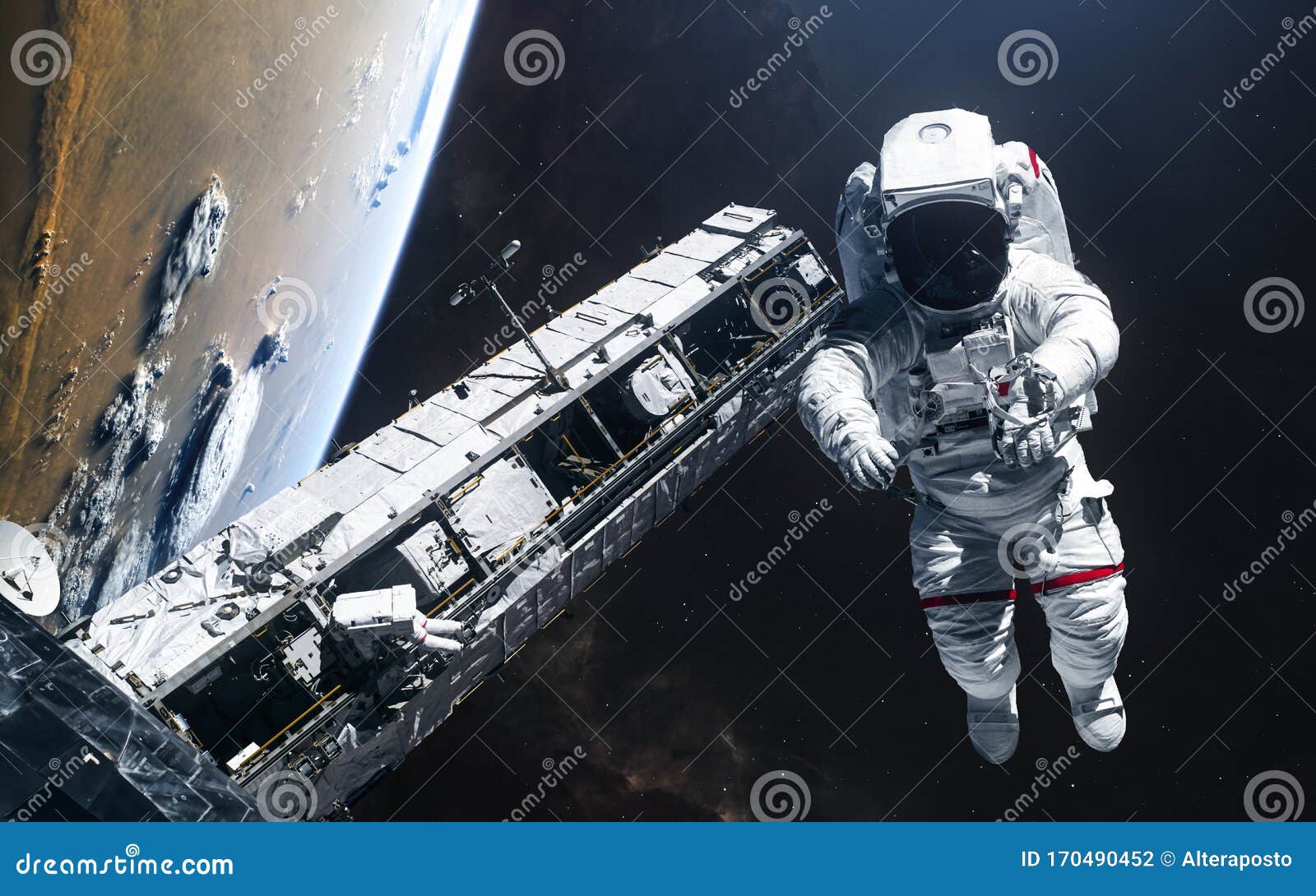 Astronauts, Space Station in Orbit of Planet Earth. Solar System Stock ...