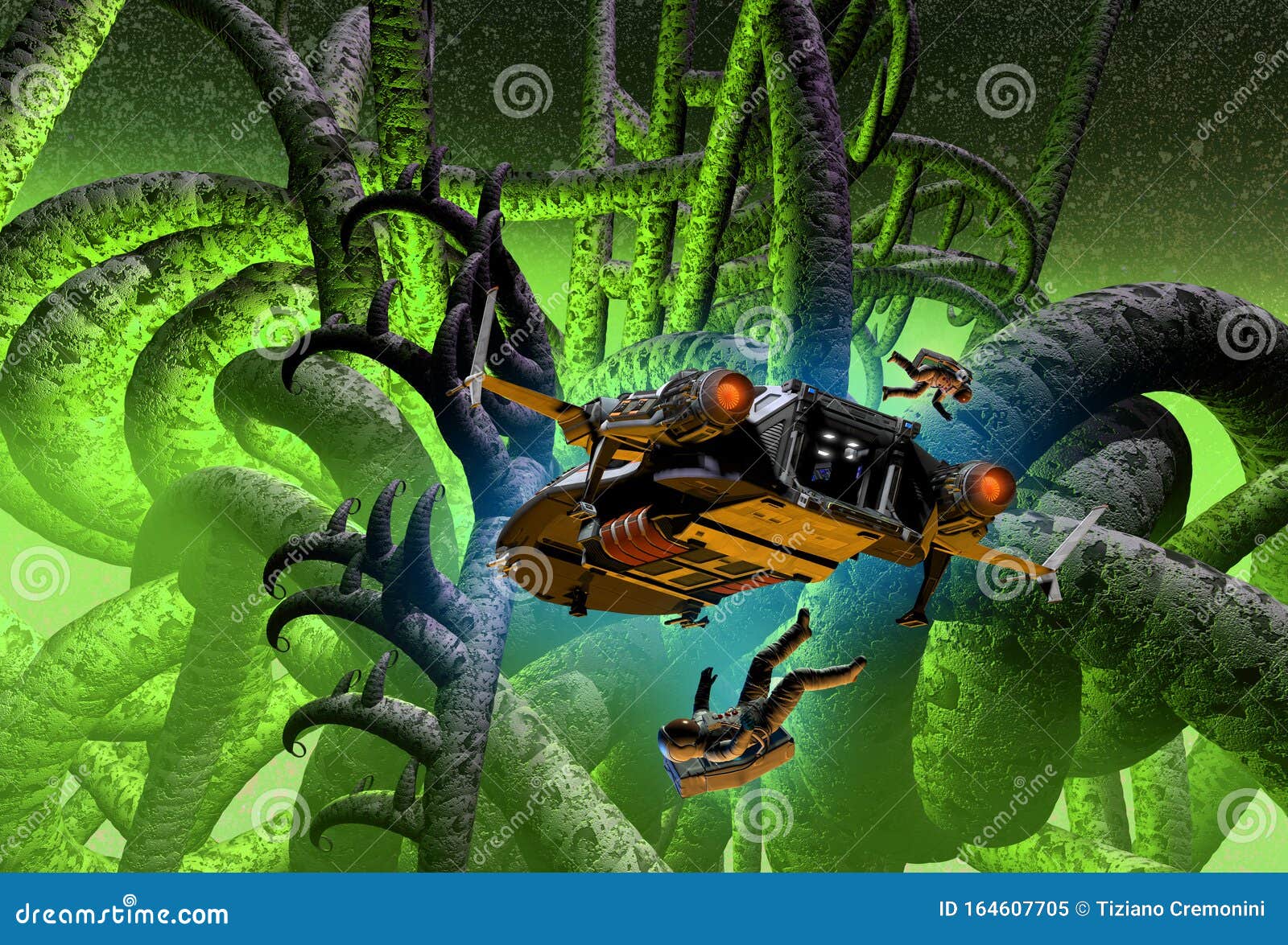 Astronauts and Spaceship Exploring an Alien Planet with a Big Monster ...