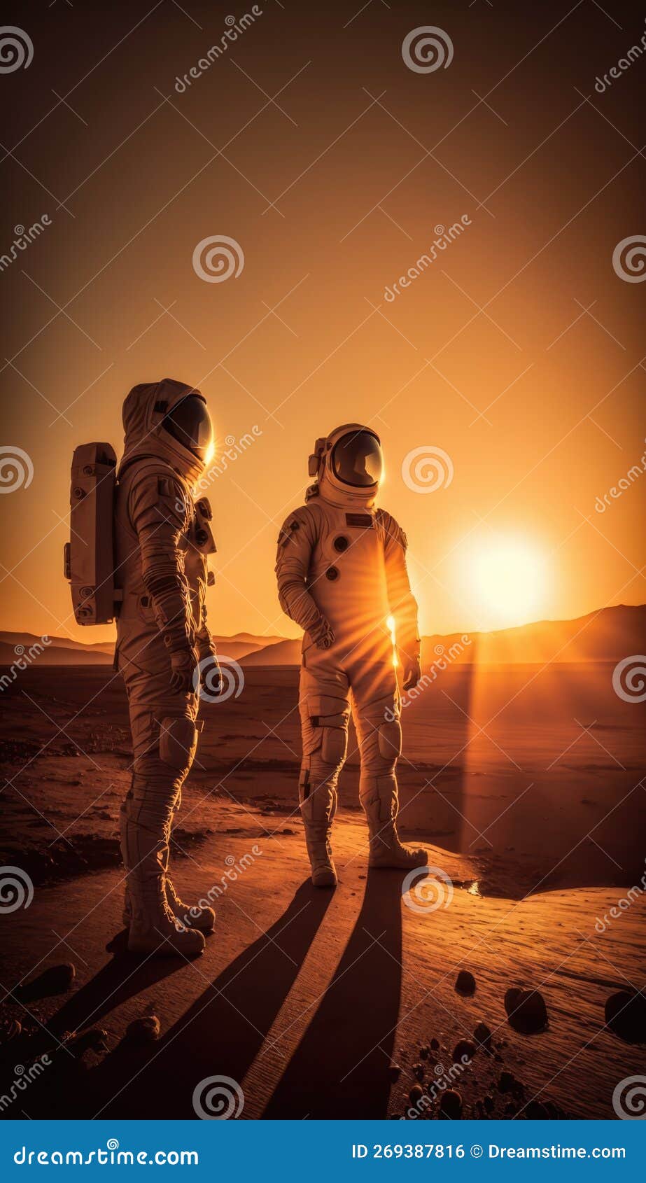 Astronauts On The Surface Of Planet Mars In The Sunset Stock ...