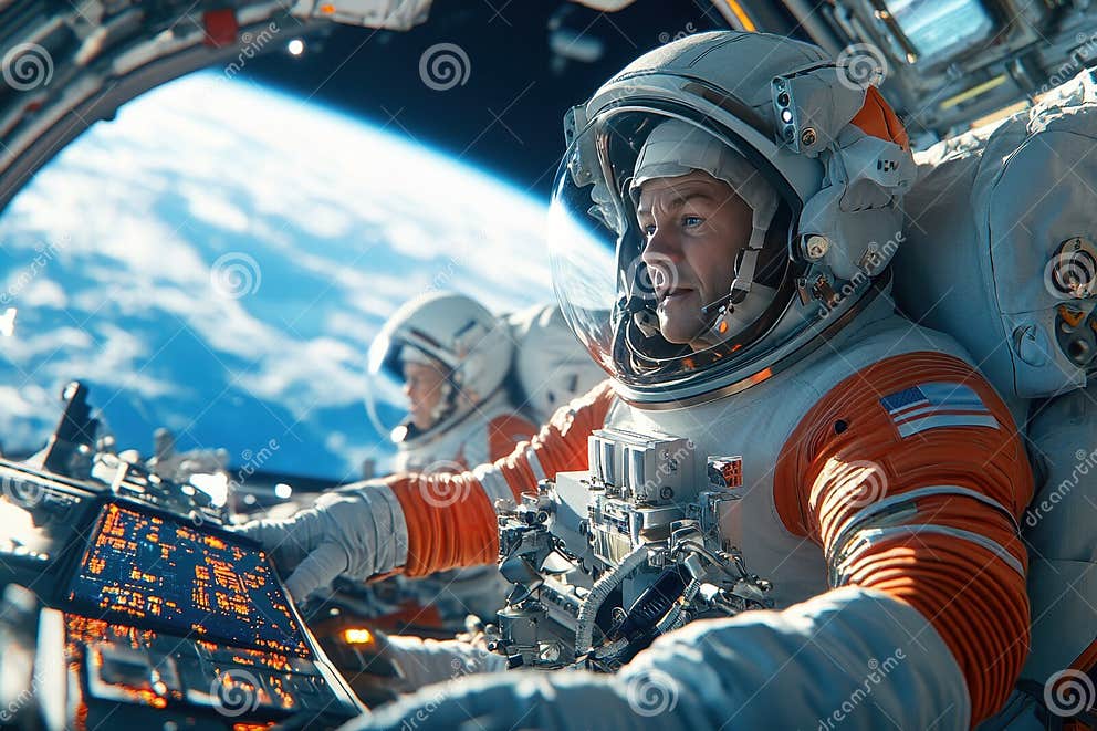 Astronauts Using Advanced Technology in Space Environment Stock ...