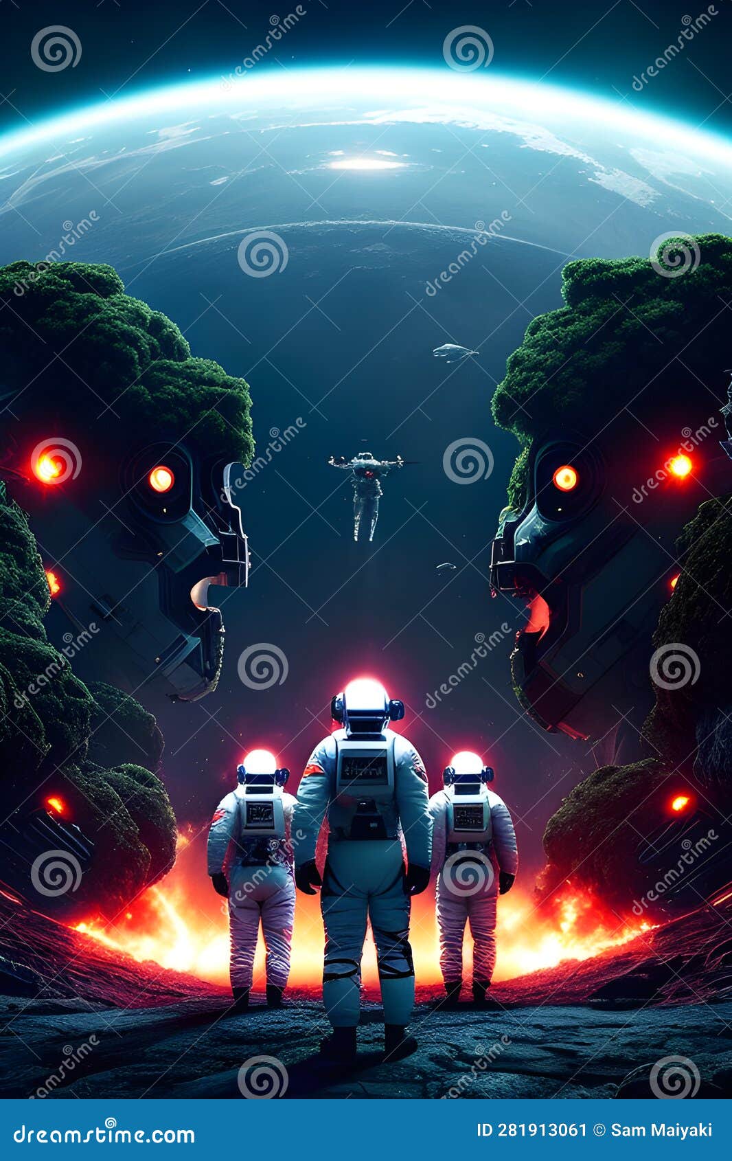Astronauts Walking through Fire with a View of a Planet Ahead Generated ...