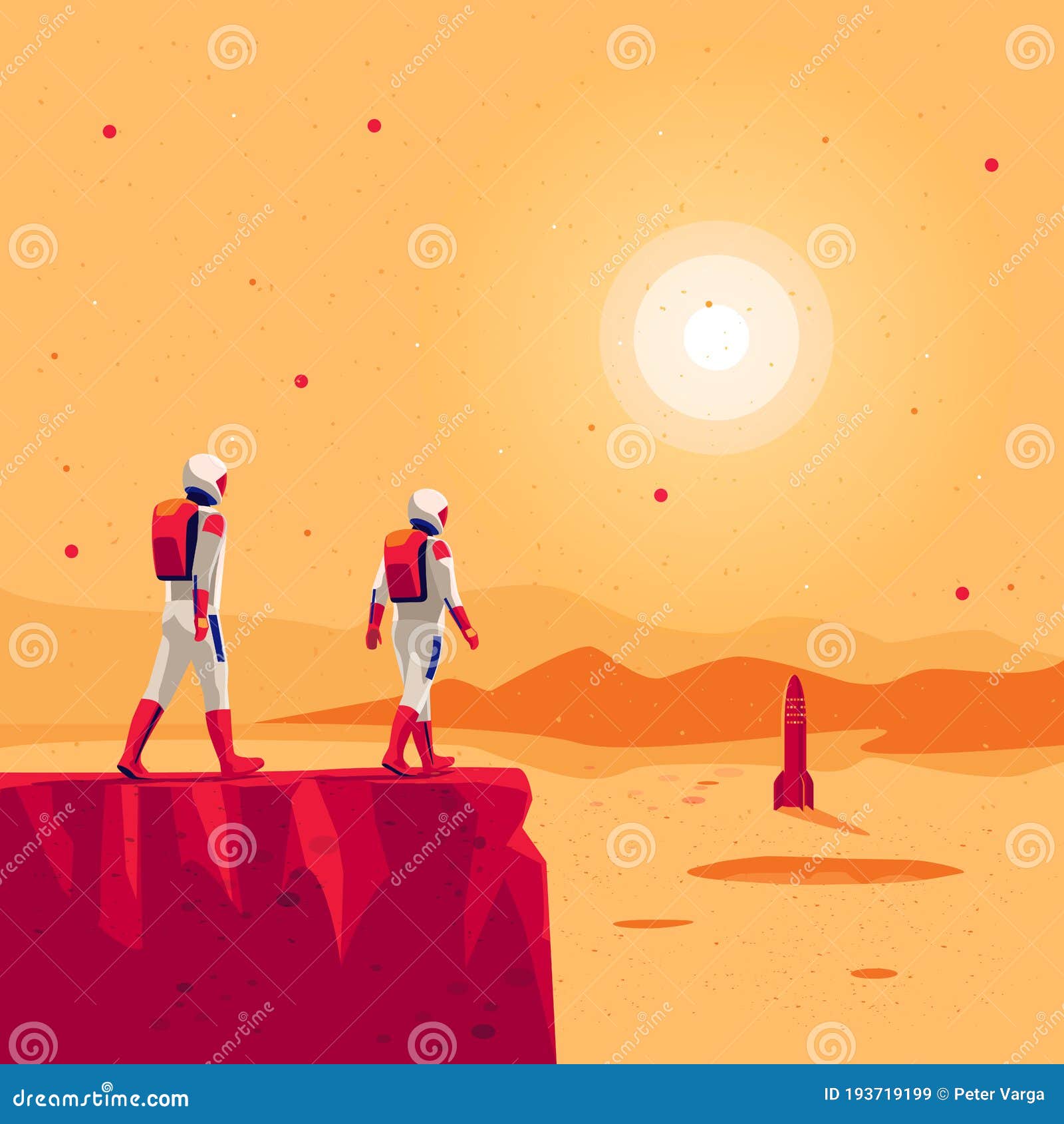 Astronauts Walking On Mars Surface With Space Starship Rocket Cartoon ...