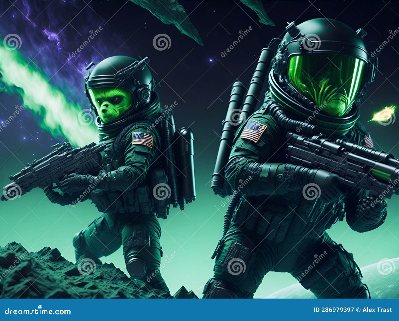 Astronauts with Weapons on an Alien Planet. Stock Illustration ...