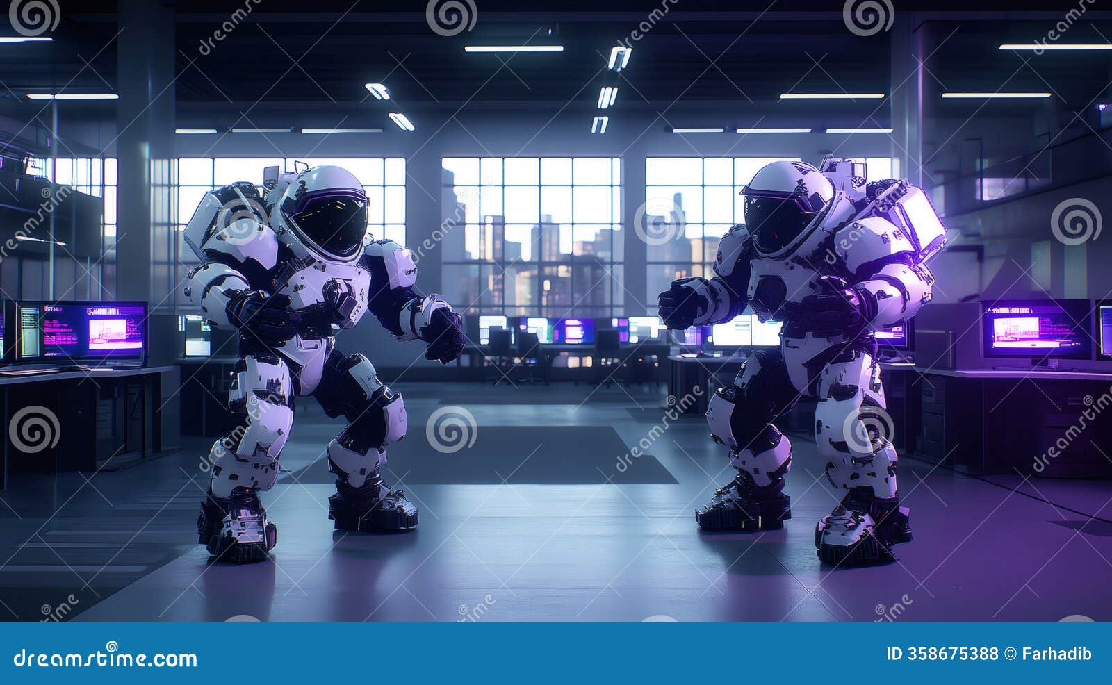 Astronauts Wearing Exoskeletons Dancing In An Office Stock Photography ...