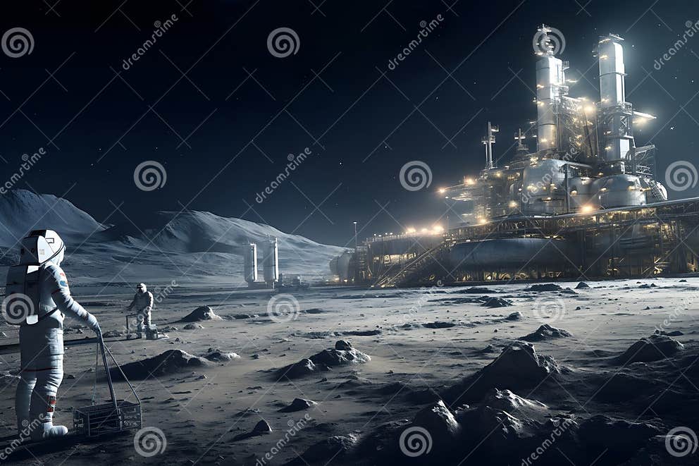 Astronauts Working in the Moon Surface Near a Permanent Base Camp Stock ...