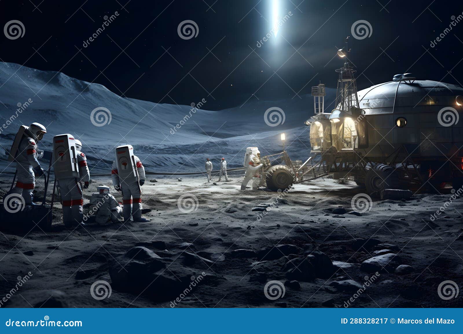 Astronauts Working in the Moon Surface Near a Permanent Base Camp Stock ...