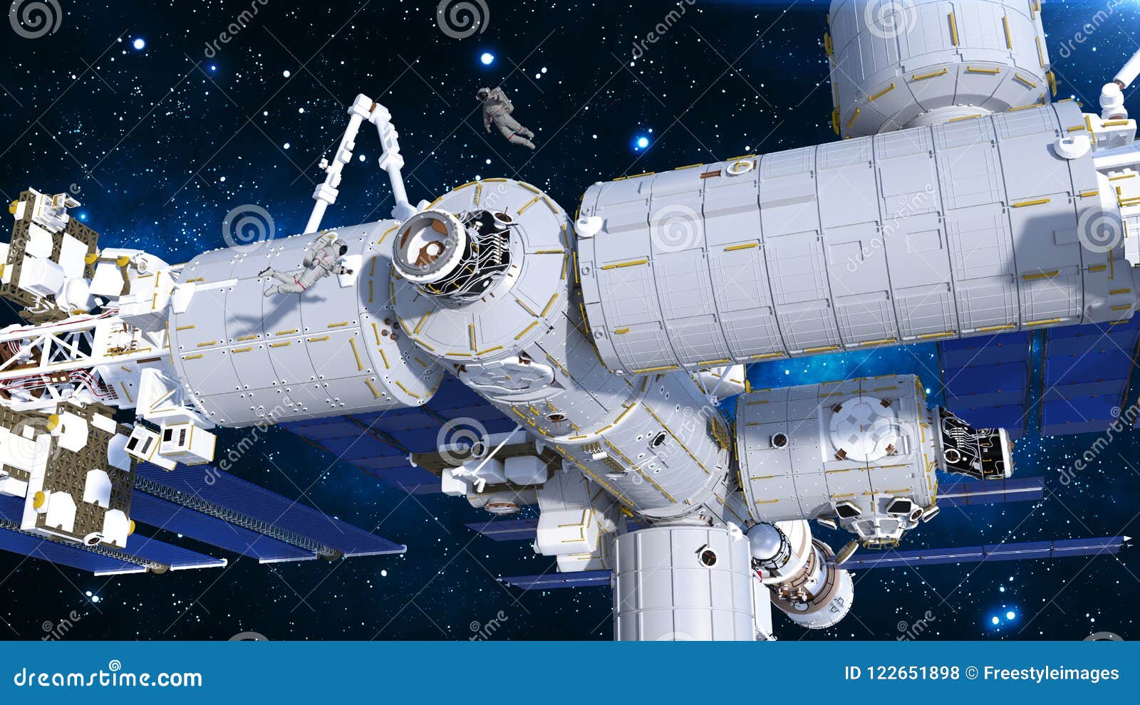 Astronauts Outside Lunar Habitats On The Moon's Surface Under A Starry ...