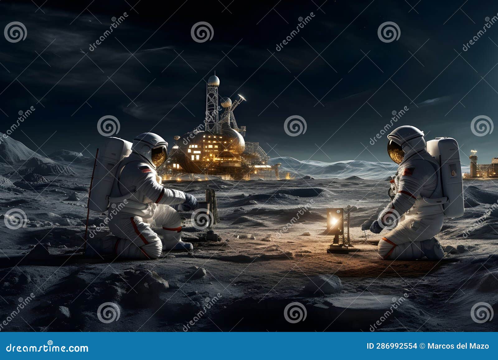 Astronauts Working Taking Samples in the Moon Surface Near a Permanent ...