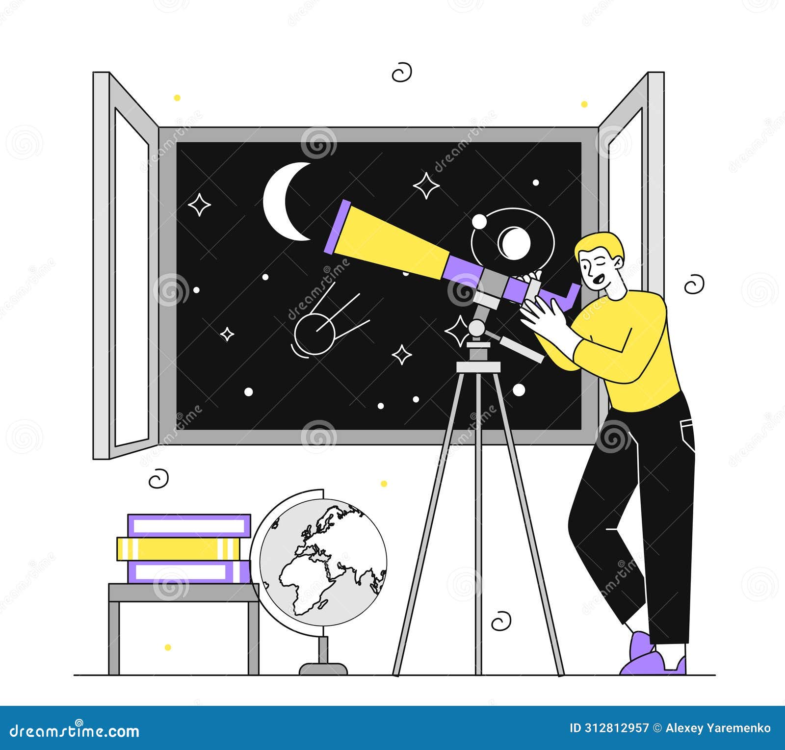 Astronomer with Telescope Vector Linear Stock Vector - Illustration of ...