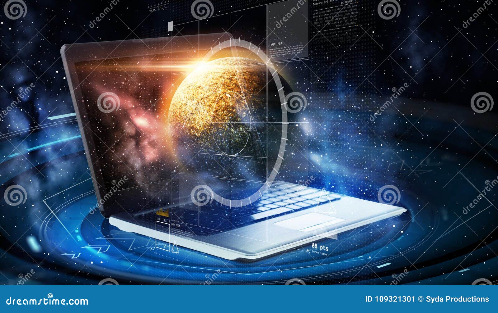 Laptop with Virtual Planet and Space Hologram Stock Image - Image of ...
