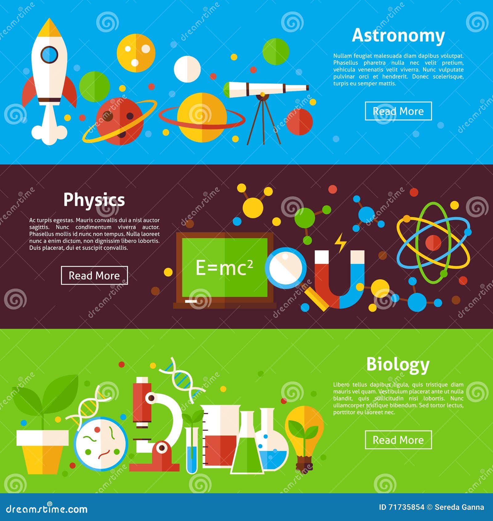Astronomy Physics Biology Science Flat Horizontal Banners Stock Vector ...