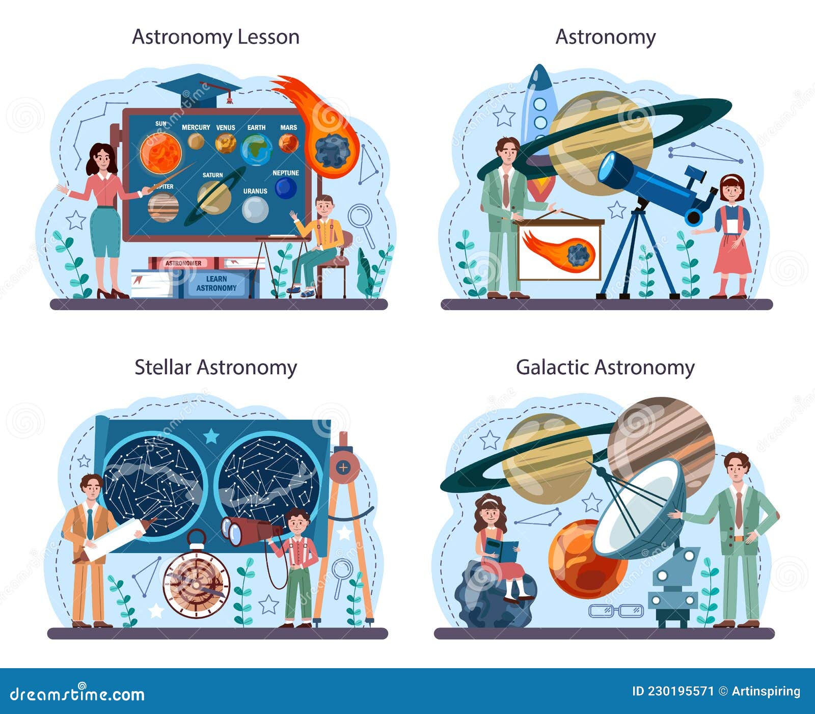 Astronomy School Subject Set. Students Looking through a Telescope ...