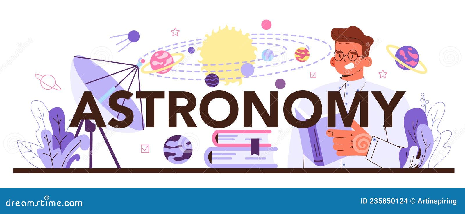 Astronomy Typographic Header. Professional Scientist Looking through ...