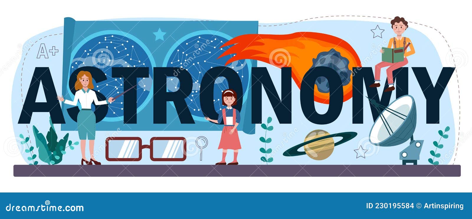 Astronomy Typographic Header. Students Looking through a Telescope ...