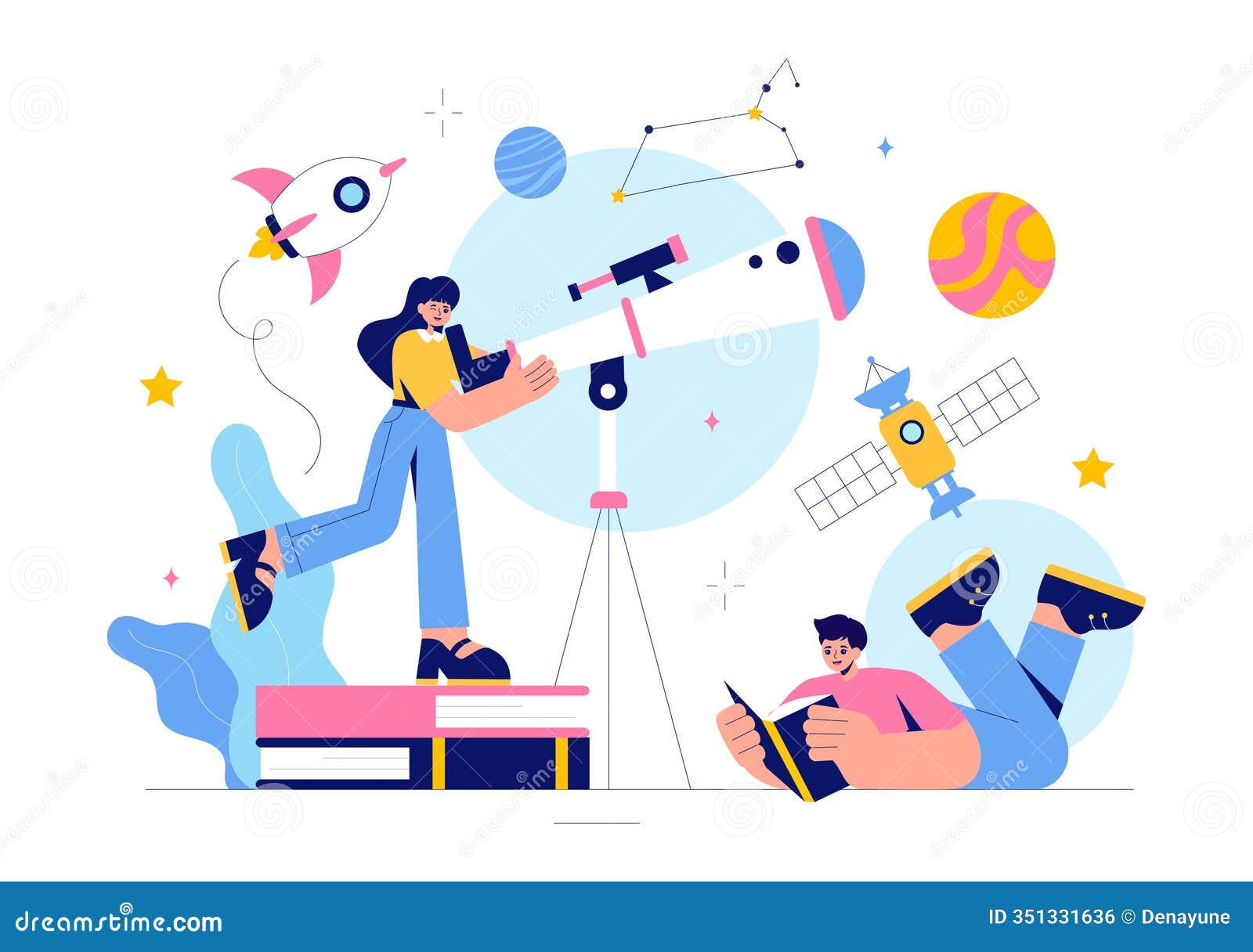 Astronomy Vector Illustration Featuring People Observing A Starry Night ...