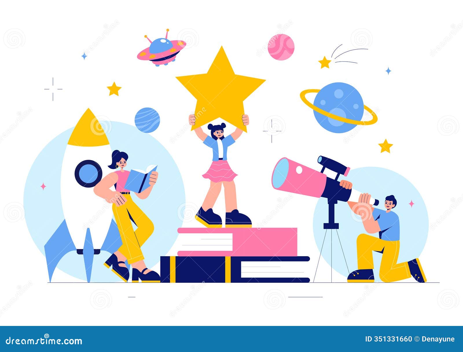 Astronomy Vector Illustration Featuring People Observing a Starry Night ...