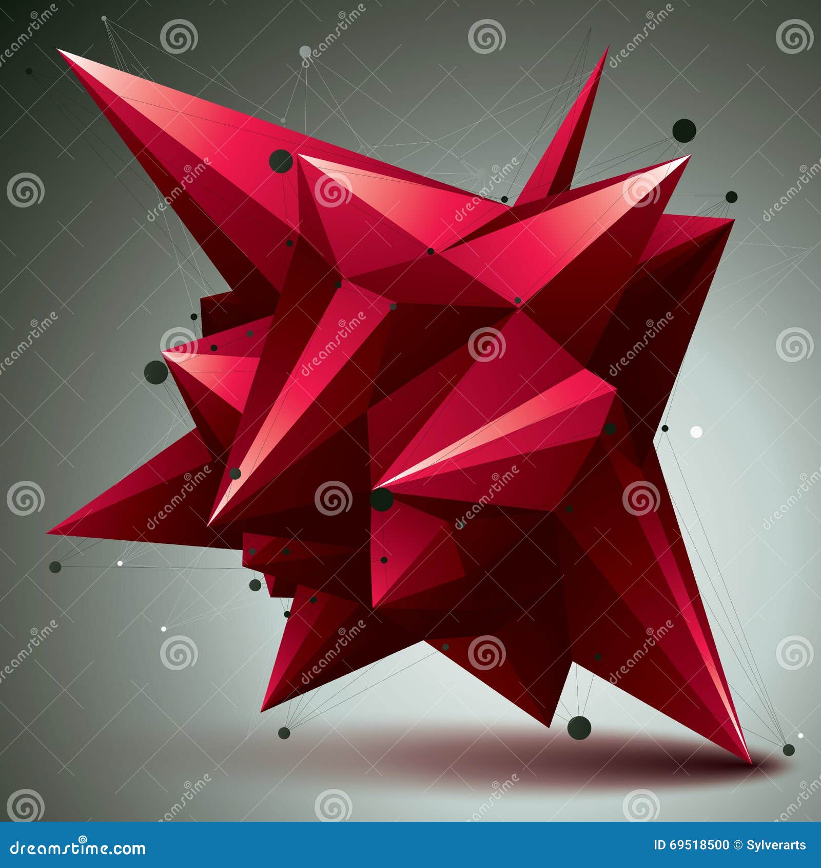 Asymmetric 3D Abstract Red Object with Connected Lines and Dots ...