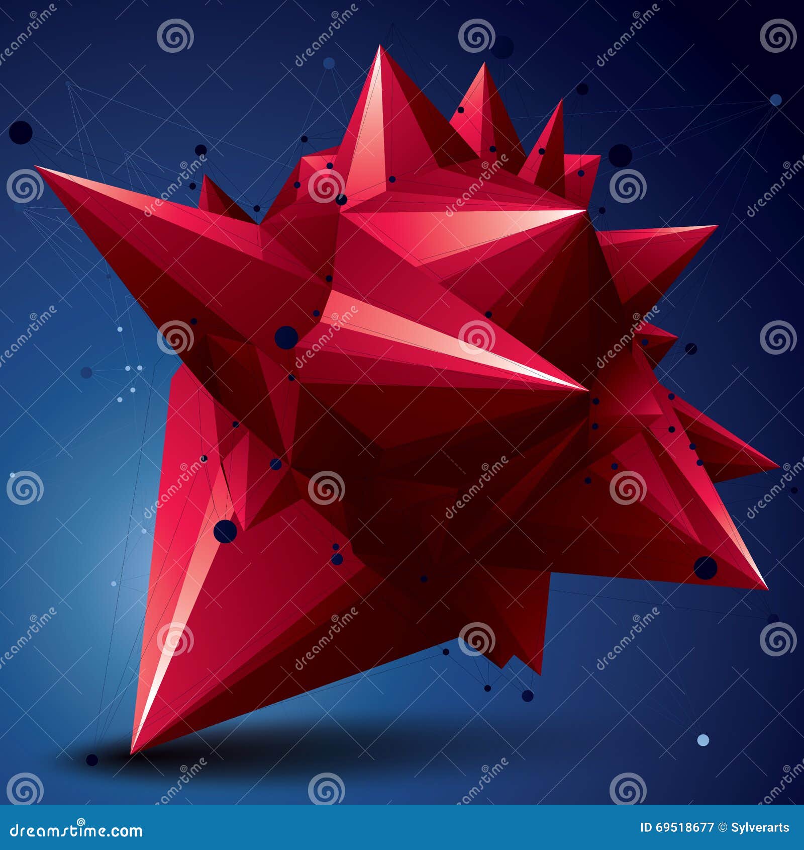 Asymmetric 3D Abstract Red Object with Connected Lines and Dots ...