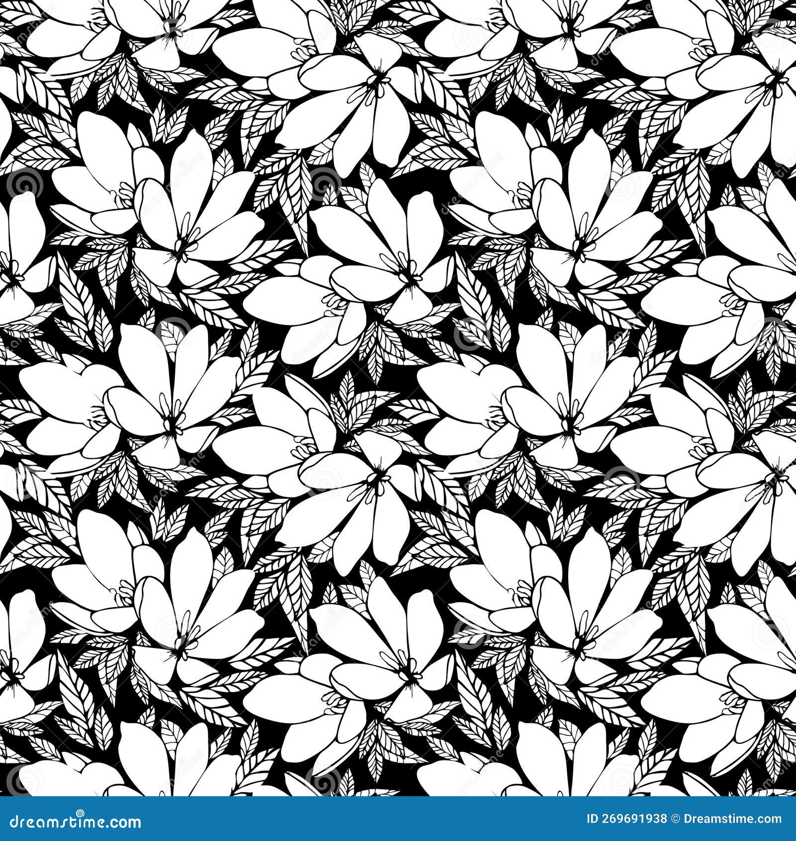 Asymmetrical Seamless Floral White Outline Pattern on Black Background ...