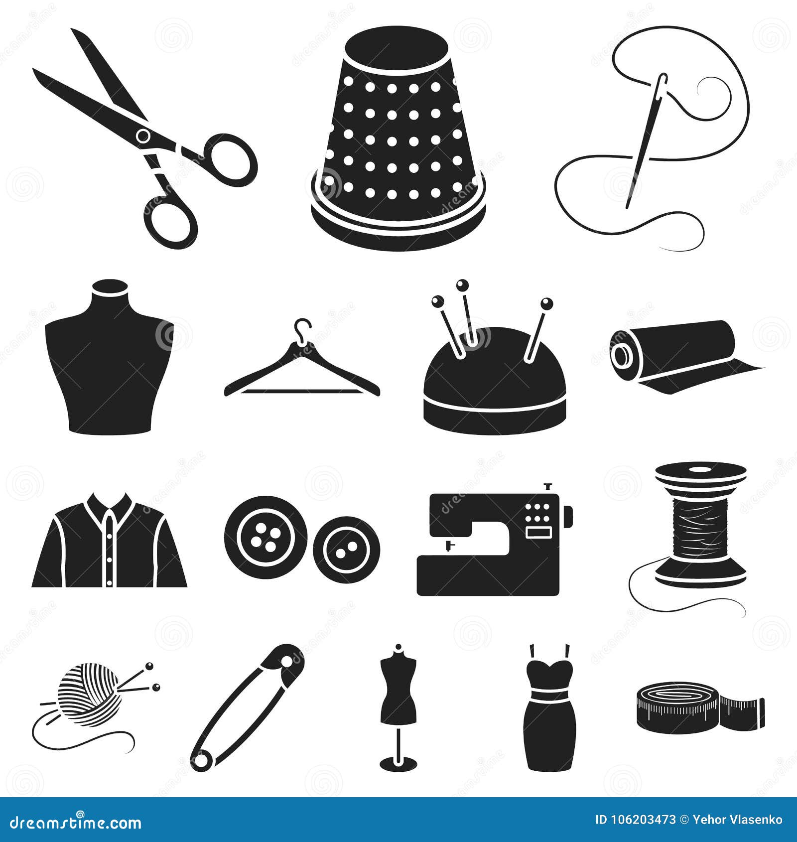 Atelier and Sewing Black Icons in Set Collection for Design. Equipment ...