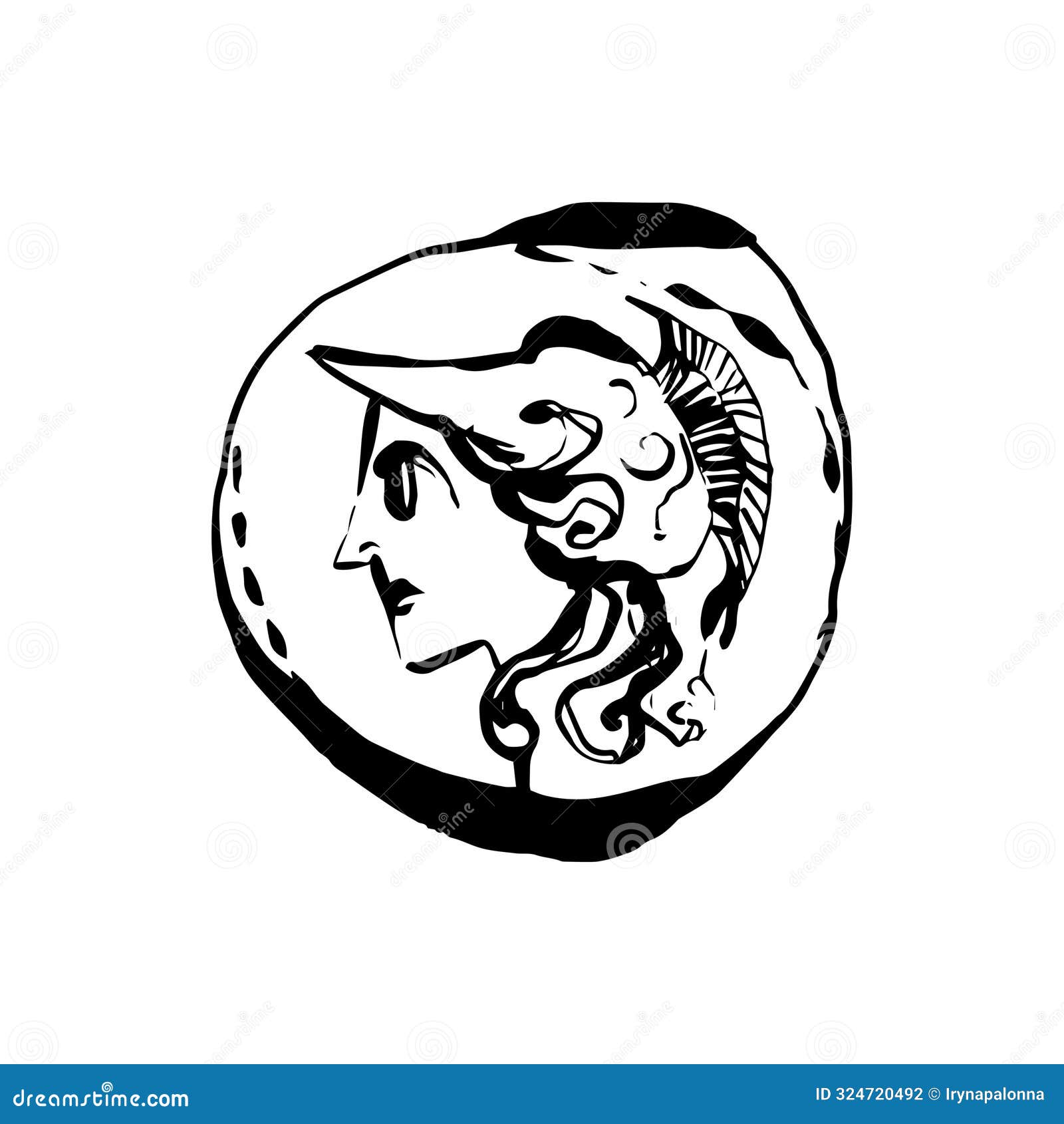 Athena Ancient Coin, Hand Drawn, Line Art Vector Illustration Stock ...