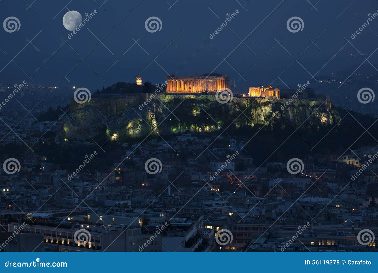 Athens Acropolis at Full Moon Stock Photo - Image of column, greek ...