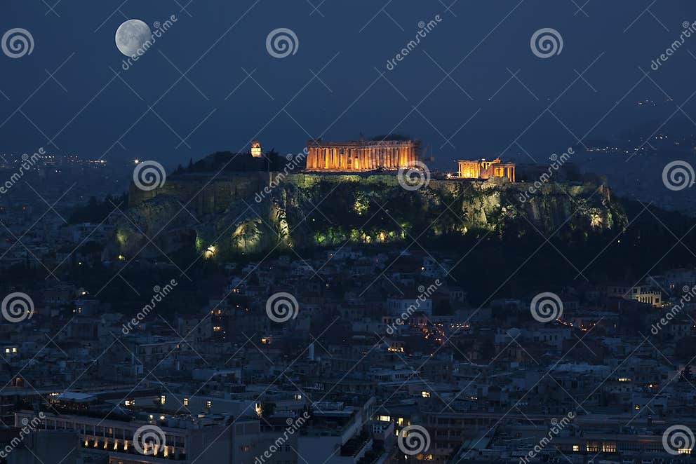 Athens Acropolis at Full Moon Stock Photo - Image of column, greek ...