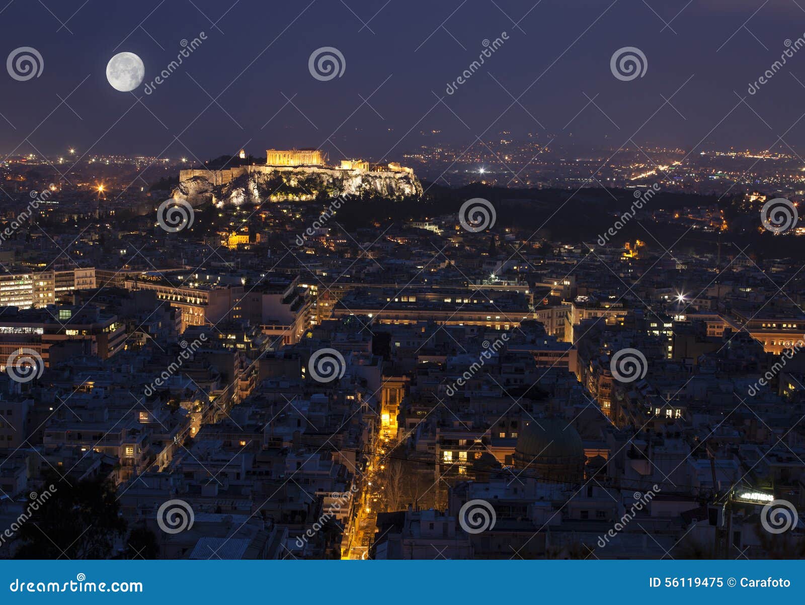 Athens Acropolis at Full Moon Stock Image - Image of international ...