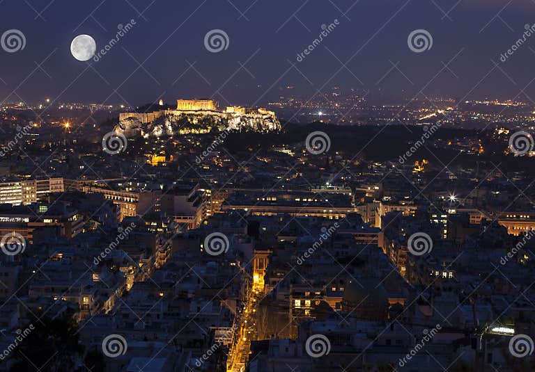 Athens Acropolis at Full Moon Stock Image - Image of international ...