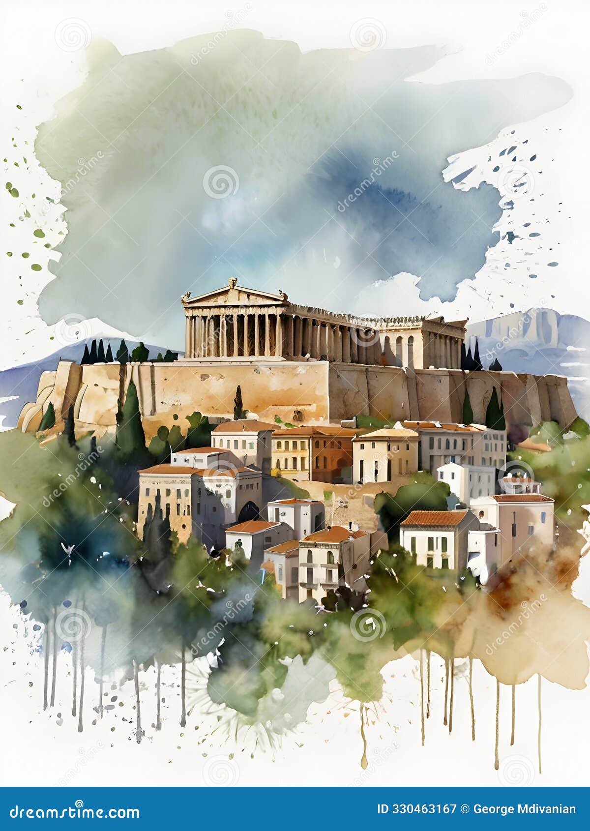 Greece Watercolor Map Vector Illustration Of Green Color With Border ...