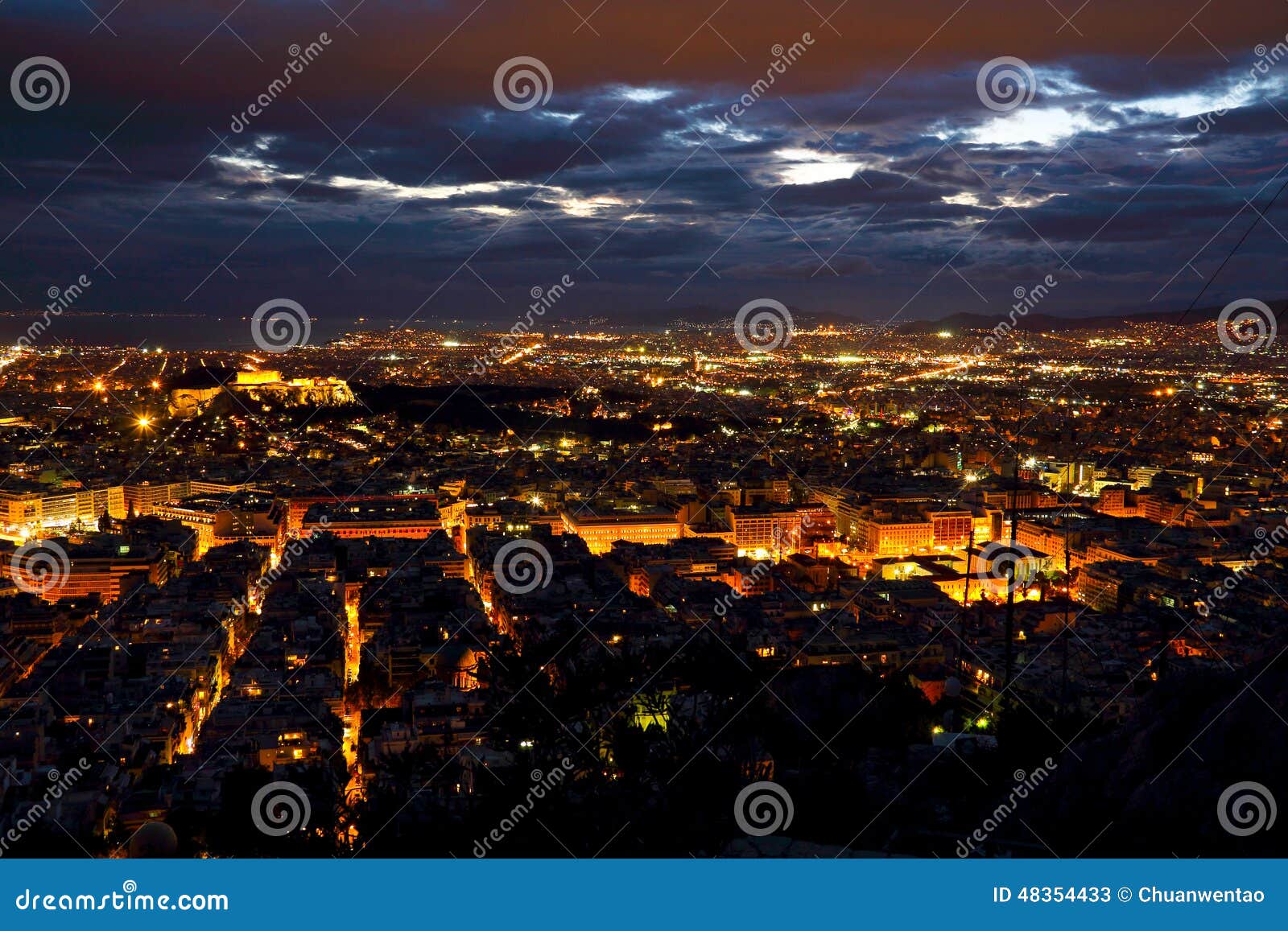 Athens City from Lycabettus Hill at Night Stock Image - Image of mount ...