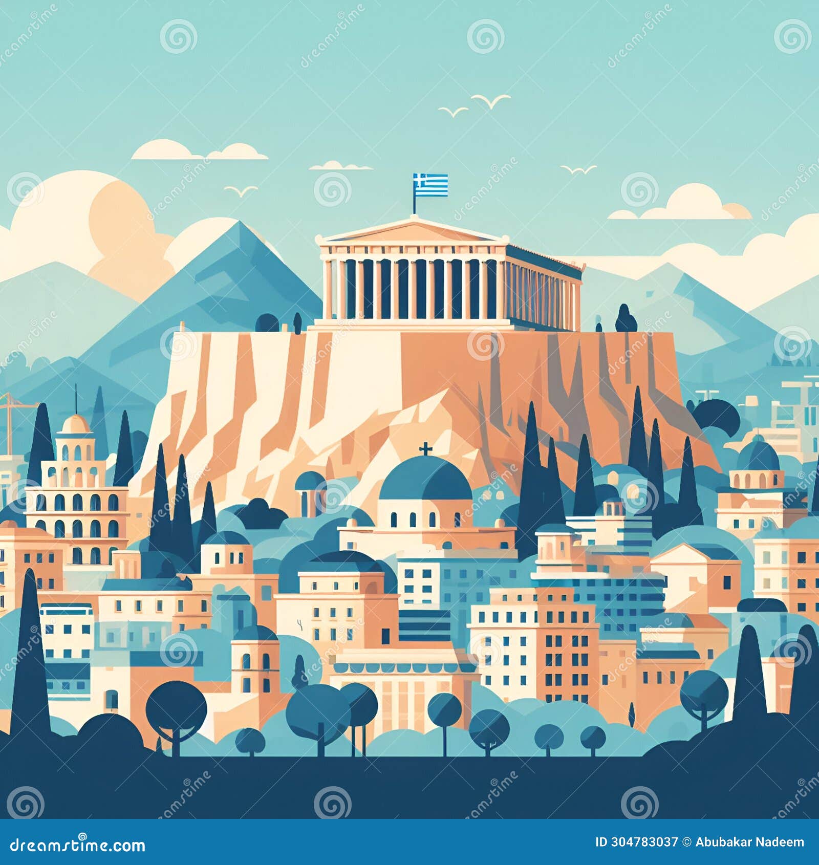Athens Flat Vector City Illustration Stock Illustration - Illustration ...