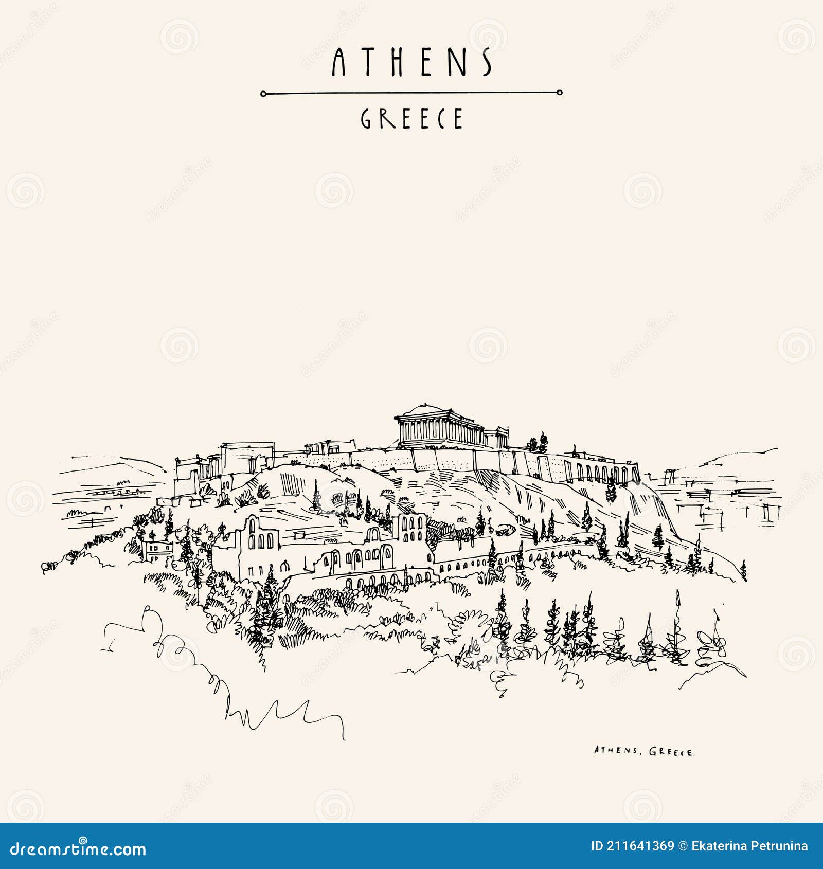 Athens, Greece. Hand Drawn Postcard in Vector Stock Illustration ...