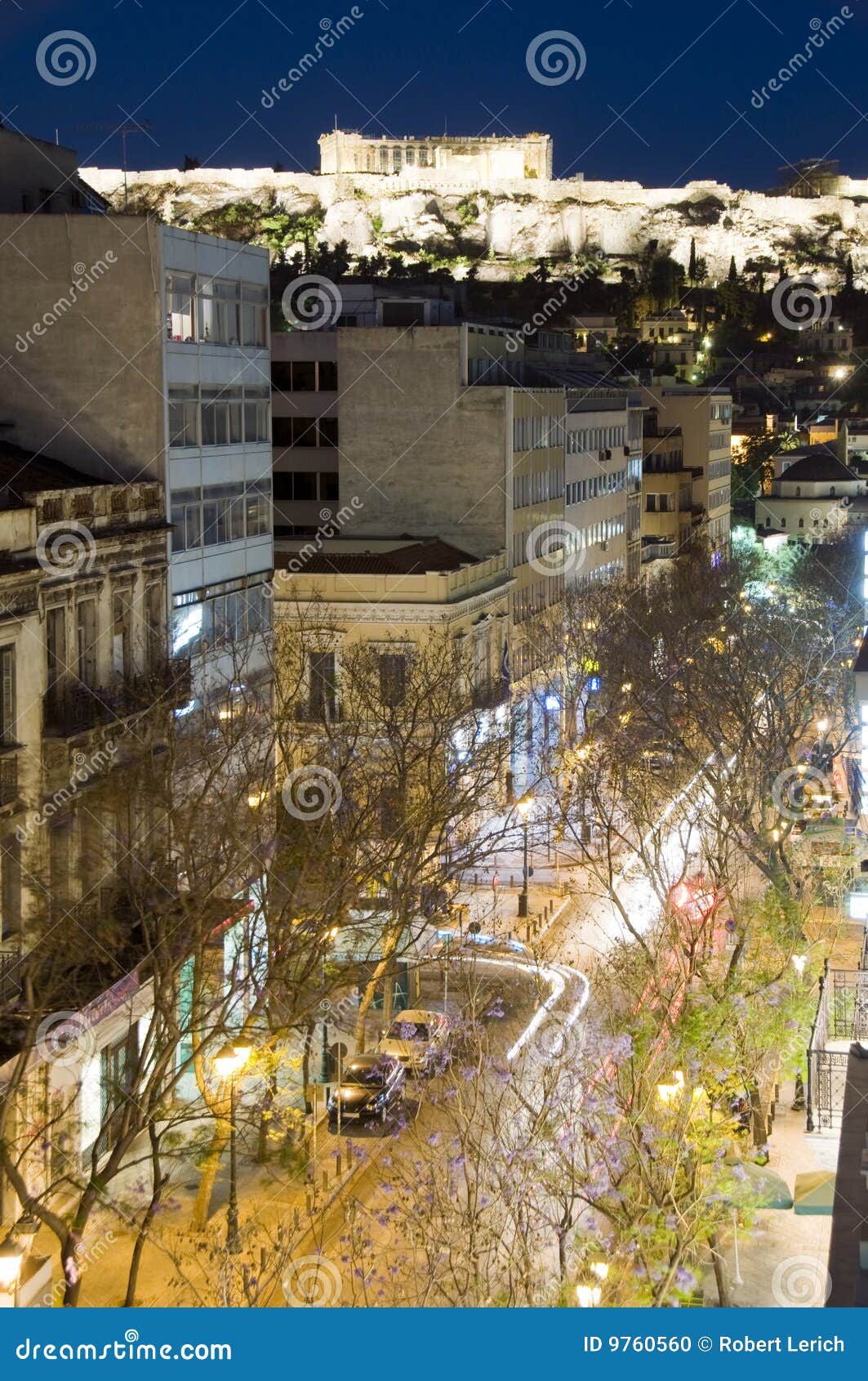 Athens Greece Night Parthenon Car Traffic Stock Photo - Image of plaka ...