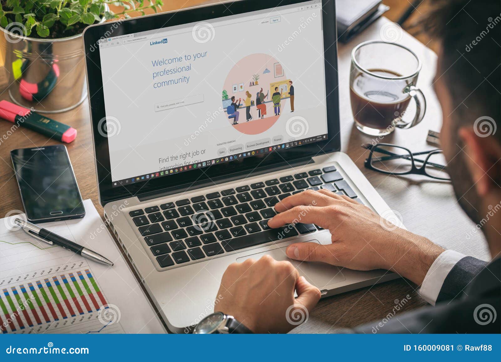 Manager Working with a Computer, LinkedIn Page on the Screen Editorial ...