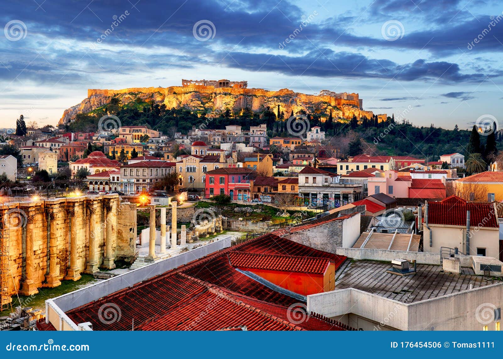 Athens Skyline with Acropolis at Night, Greece Stock Photo - Image of ...